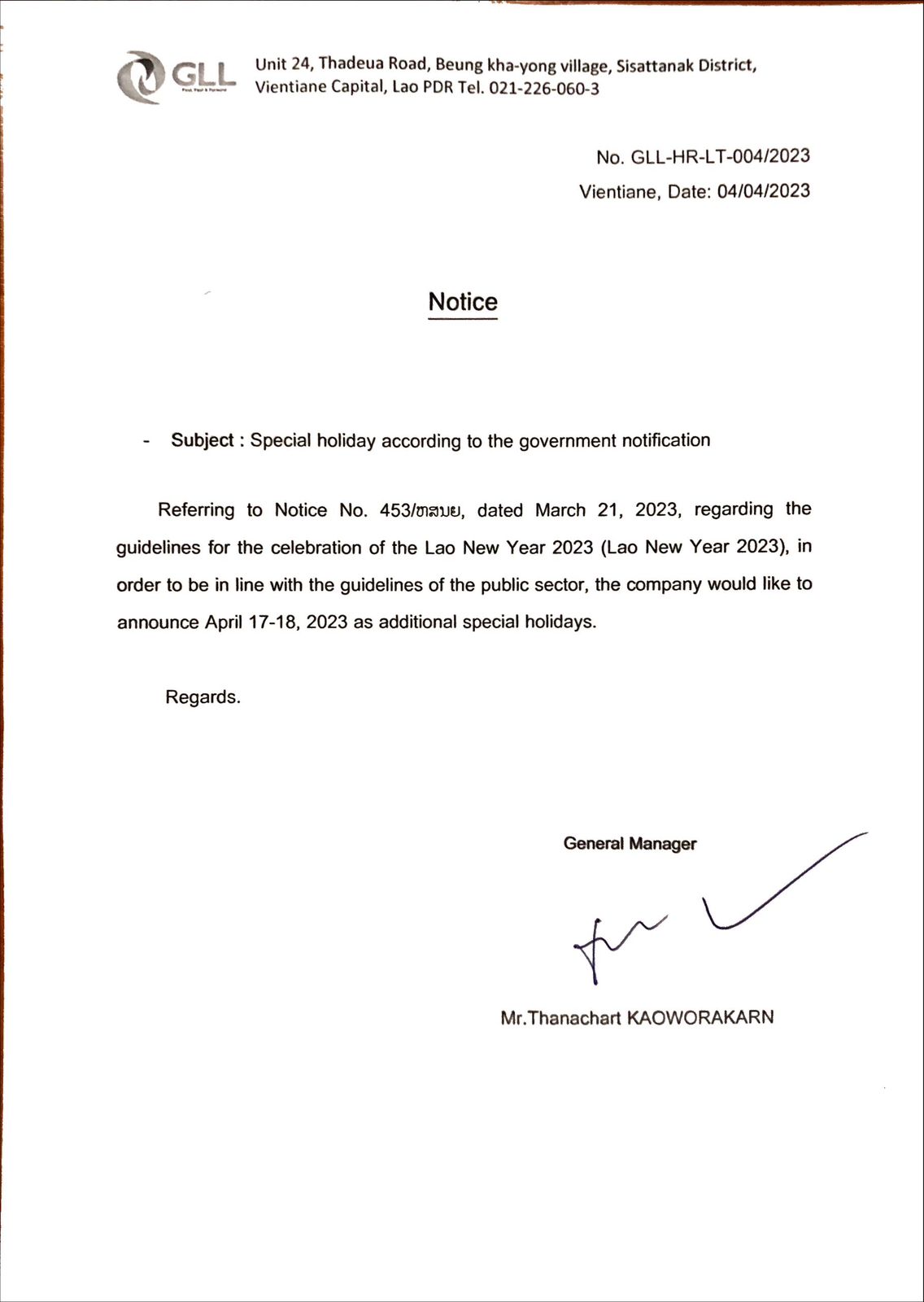 Additional special holidays for 2023 – GL Leasing Lao